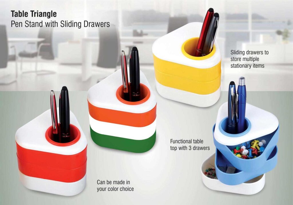 Table Triangle Pen Stand With Sliding Drawers | GiveAwaySmiles